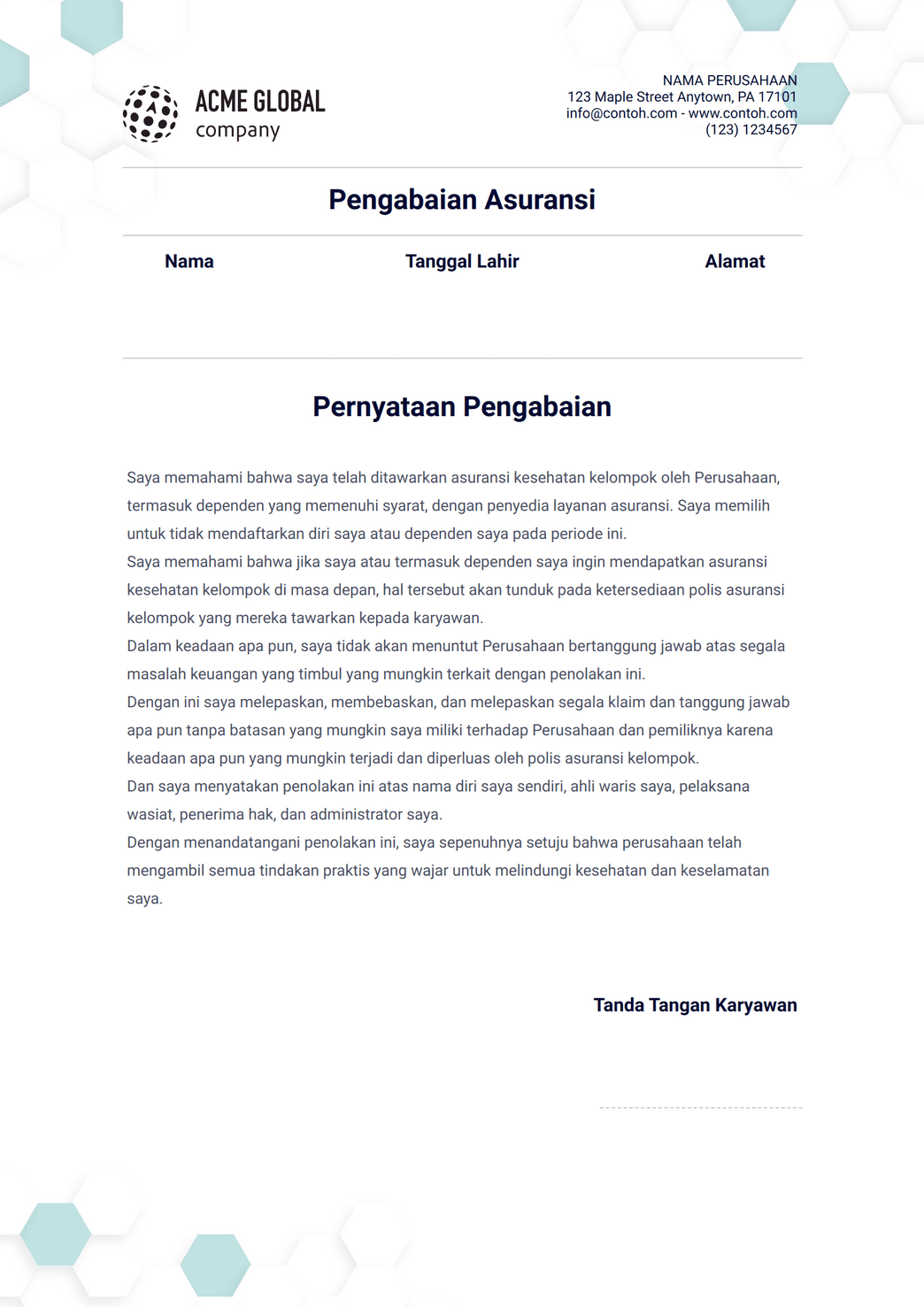 Templat Pengabaian Asuransi - Templat PDF | Jotform