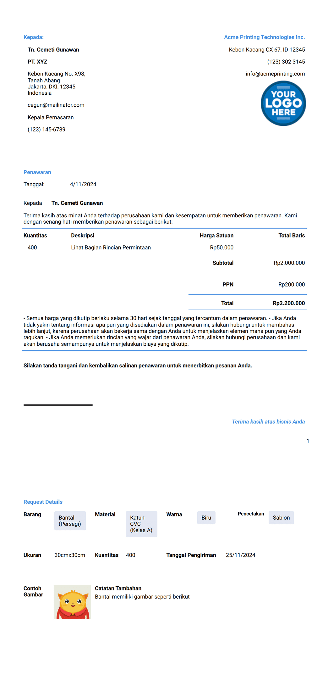 Templat Permintaan Penawaran Pencetakan - Templat PDF | Jotform
