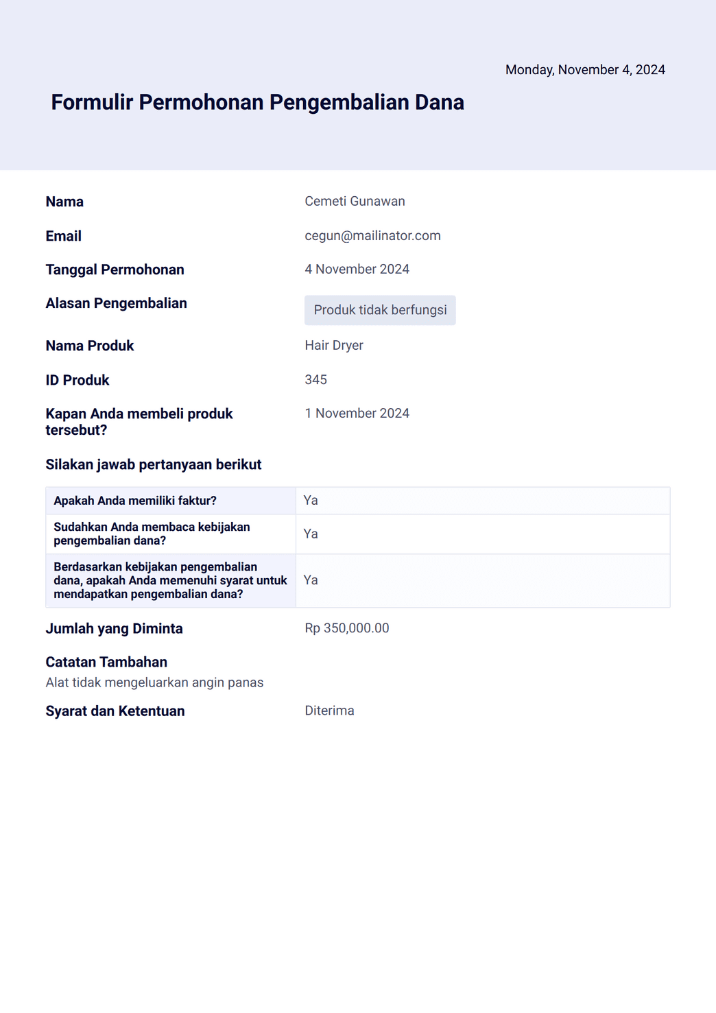 Templat Permohonan Pengembalian Dana - Templat PDF | Jotform