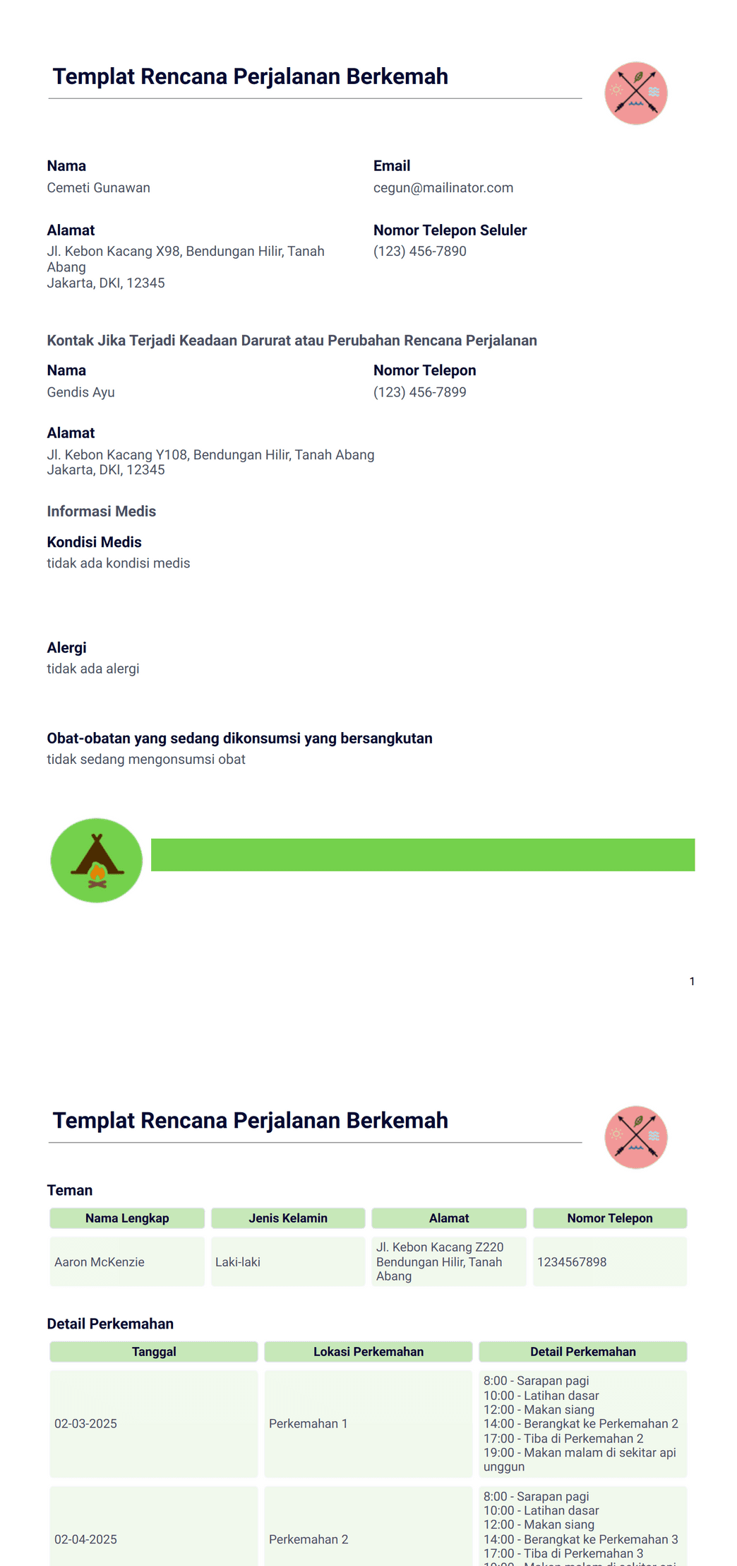 Templat Rencana Perjalanan Berkemah - Templat PDF | Jotform