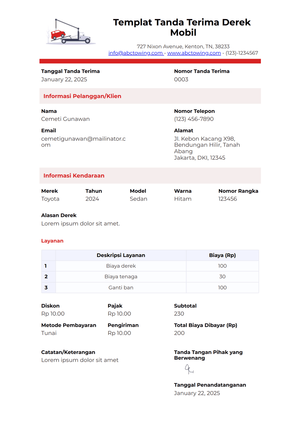Templat Tanda Terima Derek - Templat PDF | Jotform