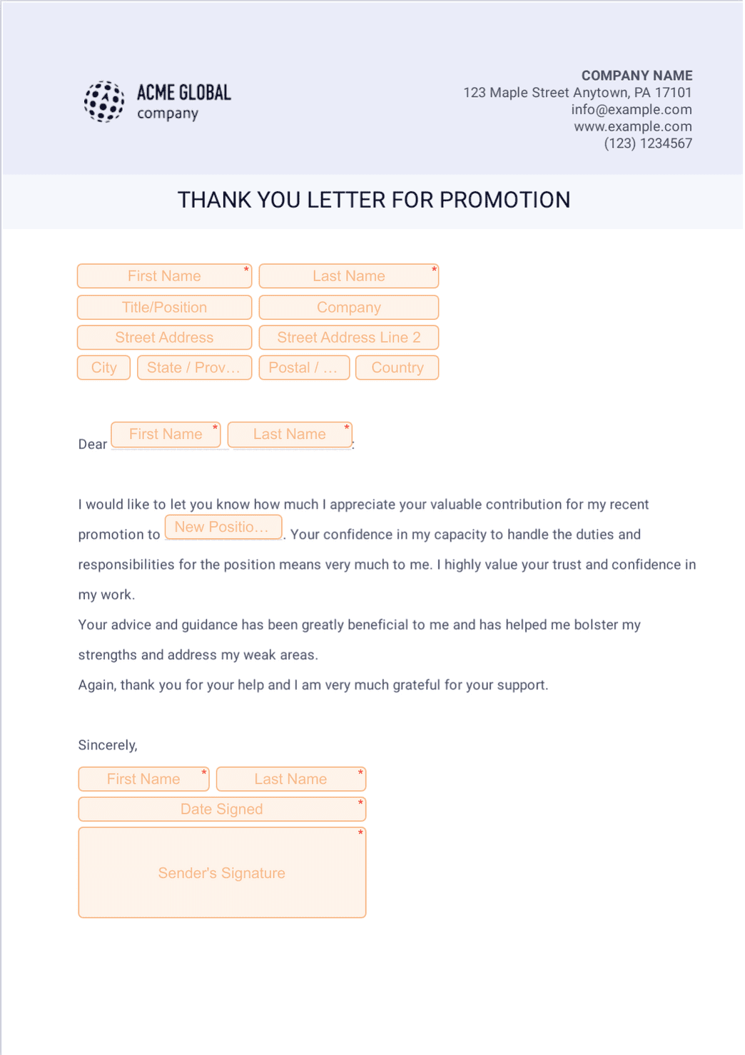 Thank You Letter for Promotion PDF Template | Jotform
