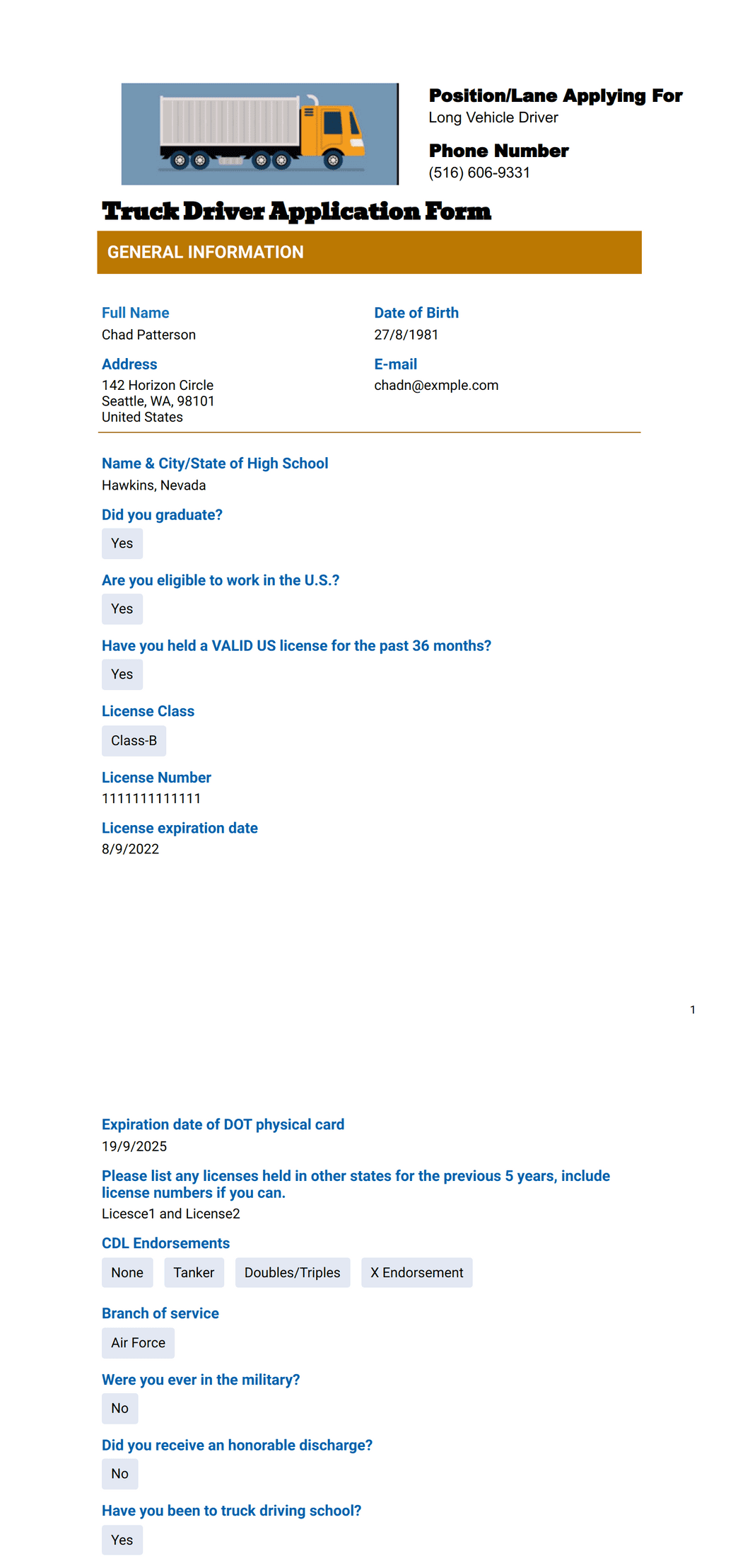 Truck Driver Application Template - PDF Templates | Jotform