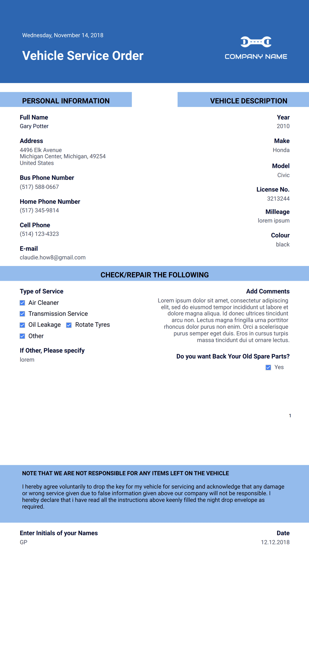 Vehicle Service Order - PDF Templates | Jotform