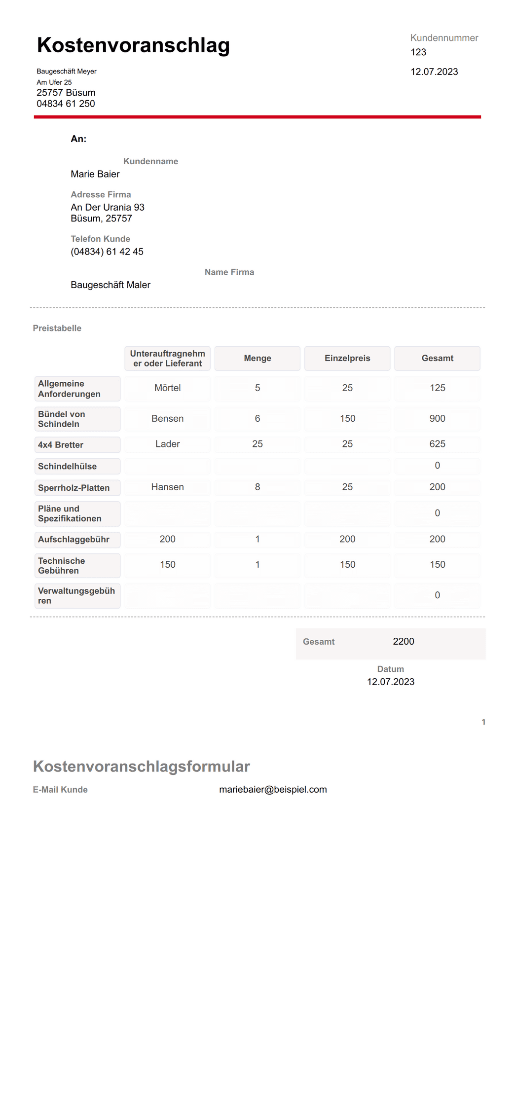 Vorlage Kostenvoranschlag - PDF-Vorlagen | Jotform