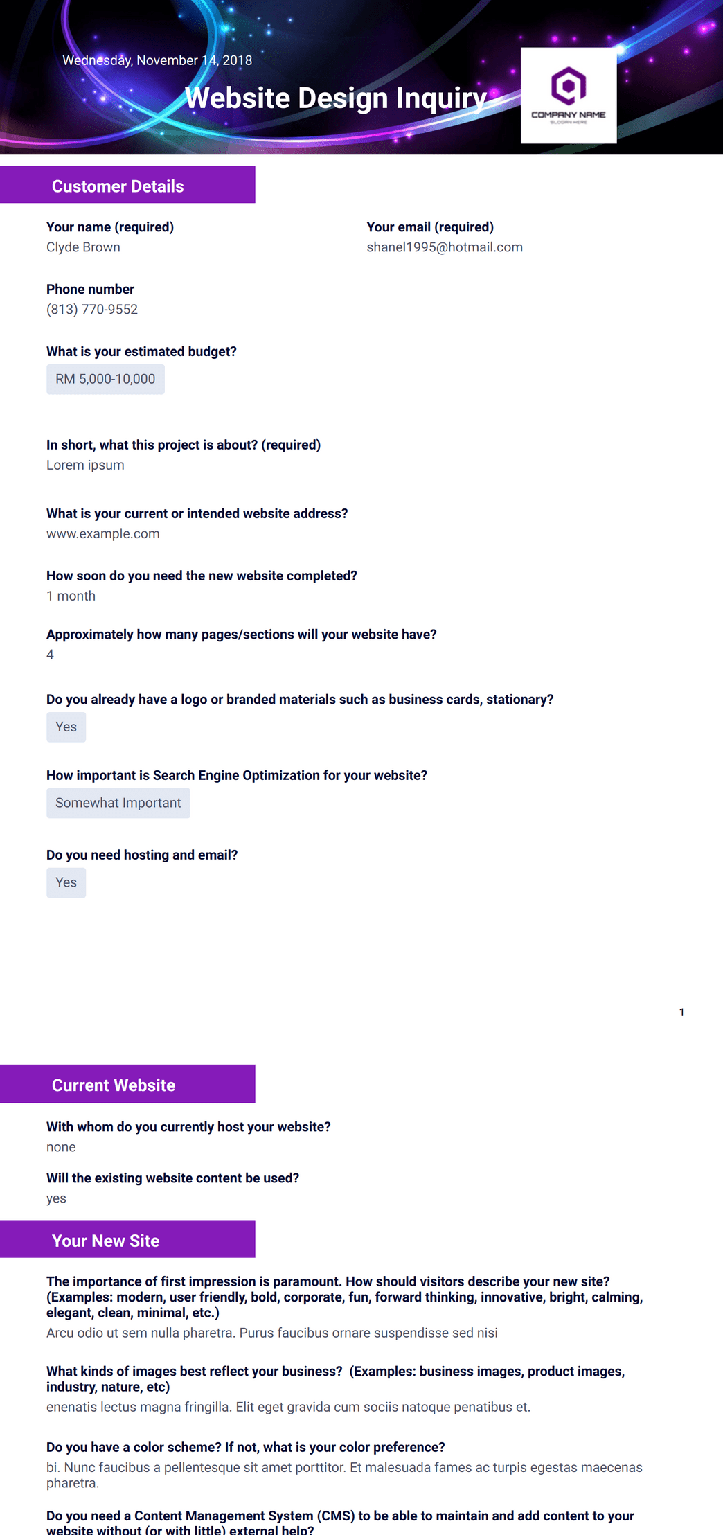 Website Design Inquiry PDF Template | Jotform