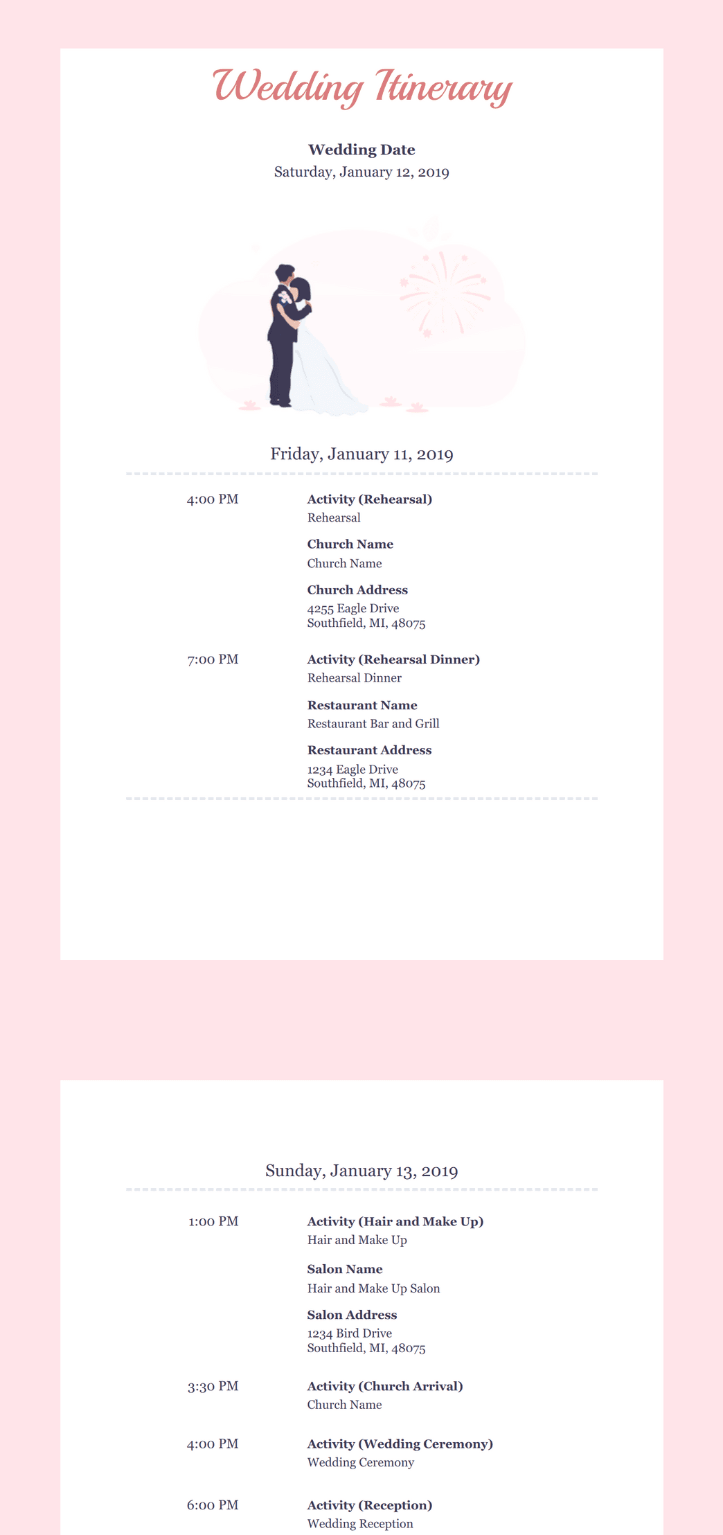 Wedding Itinerary Template - PDF Templates | Jotform